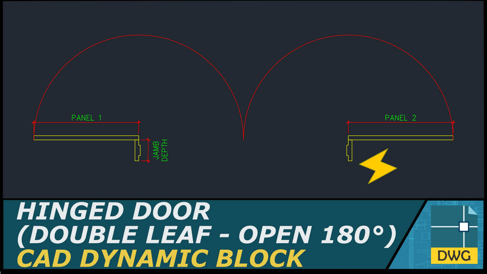 Hinged Door (Plan View): Double-Leaf (Open 180°) – CAD Dynamic Block ...