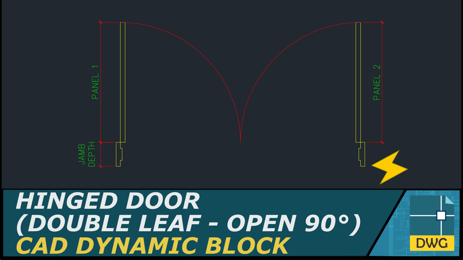 Hinged Door (Plan View): Double-Leaf (Open 90°) – CAD Dynamic Block ...