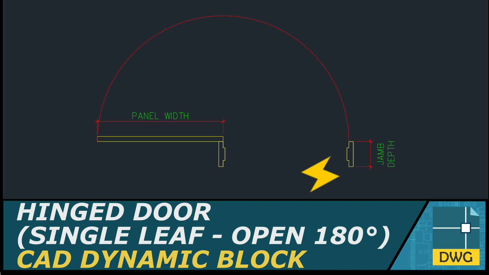 Hinged Door (Plan View): Single-Leaf (Open 180°) – CAD Dynamic Block ...